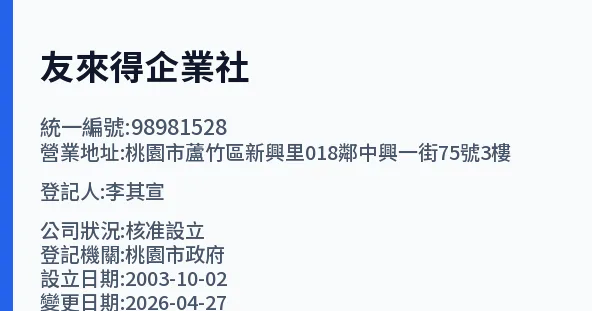 友來得企業社的照片-統編 98981528(桃園市) 公司登記資料與營業項目詳細圖表