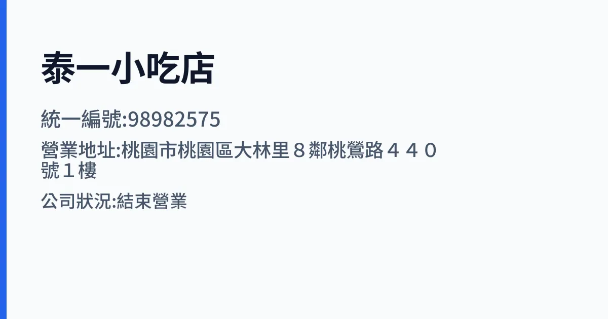 泰一小吃店 - 統編 98982575(桃園市) 公司登記資料與營業項目詳細圖表