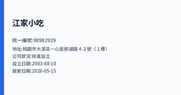 江家小吃的照片-統編 98982929(桃園市) 公司登記資料與營業項目詳細圖表