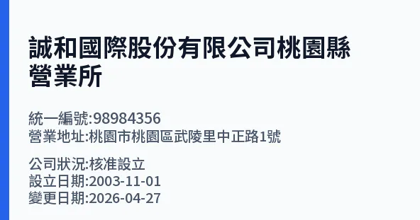誠和國際股份有限公司桃園縣營業所的照片-統編 98984356(桃園市) 公司登記資料與營業項目詳細圖表