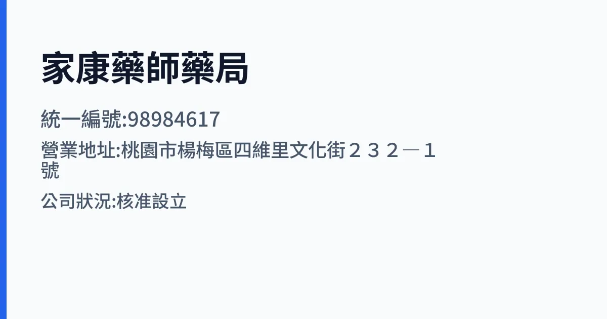 家康藥師藥局 - 統編 98984617(桃園市) 公司登記資料與營業項目詳細圖表