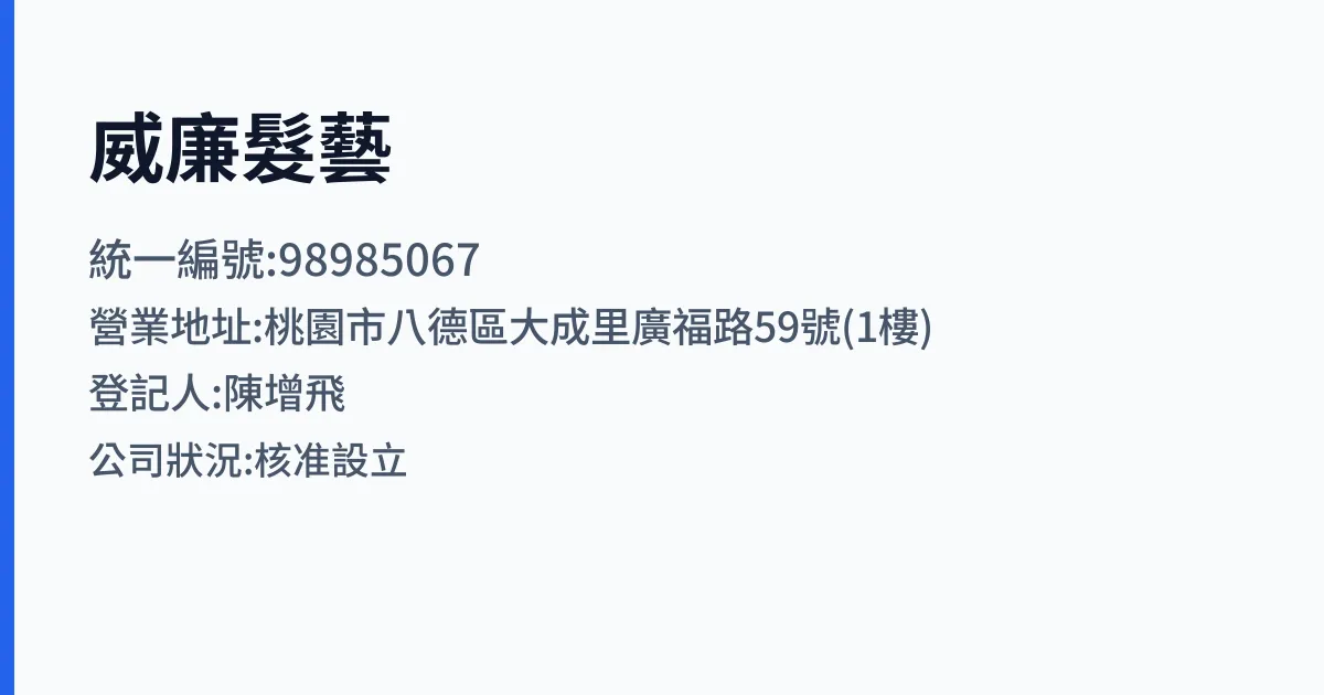 威廉髮藝 - 統編 98985067(桃園市) 公司登記資料與營業項目詳細圖表