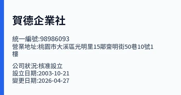賀德企業社的照片-統編 98986093(桃園市) 公司登記資料與營業項目詳細圖表