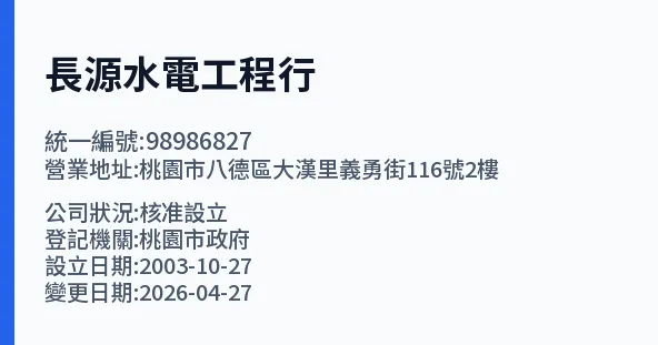 長源水電工程行的照片-統編 98986827(桃園市) 公司登記資料與營業項目詳細圖表
