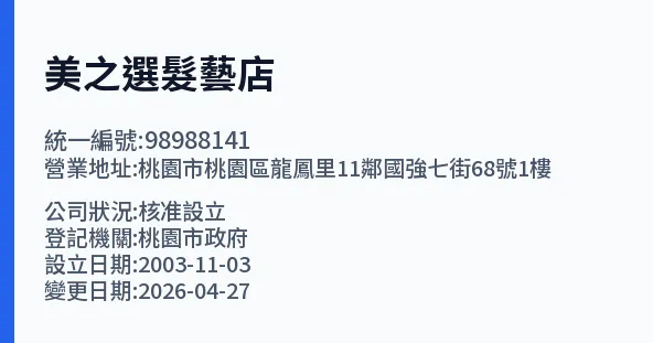 美之選髮藝店的照片-統編 98988141(桃園市) 公司登記資料與營業項目詳細圖表