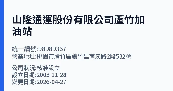 山隆通運股份有限公司蘆竹加油站的照片-統編 98989367(桃園市) 公司登記資料與營業項目詳細圖表