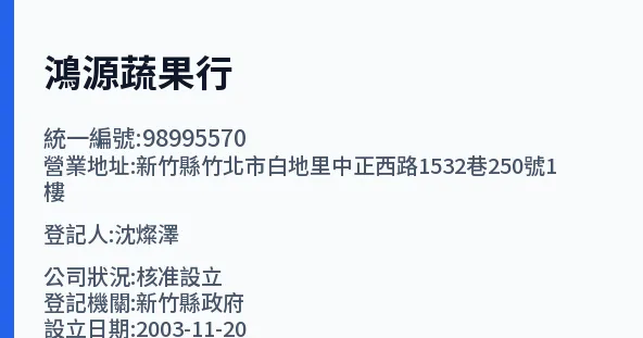 鴻源蔬果行的照片-統編 98995570(新竹縣) 公司登記資料與營業項目詳細圖表