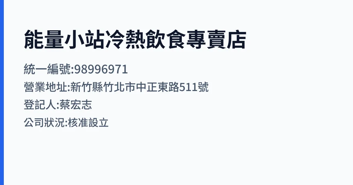 能量小站冷熱飲食專賣店 - 統編 98996971(新竹縣) 公司登記資料與營業項目詳細圖表