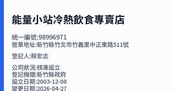 能量小站冷熱飲食專賣店的照片-統編 98996971(新竹縣) 公司登記資料與營業項目詳細圖表