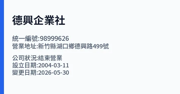 德興企業社的照片-統編 98999626(新竹縣) 公司登記資料與營業項目詳細圖表