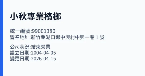 小秋專業檳榔的照片-統編 99001380(新竹縣) 公司登記資料與營業項目詳細圖表