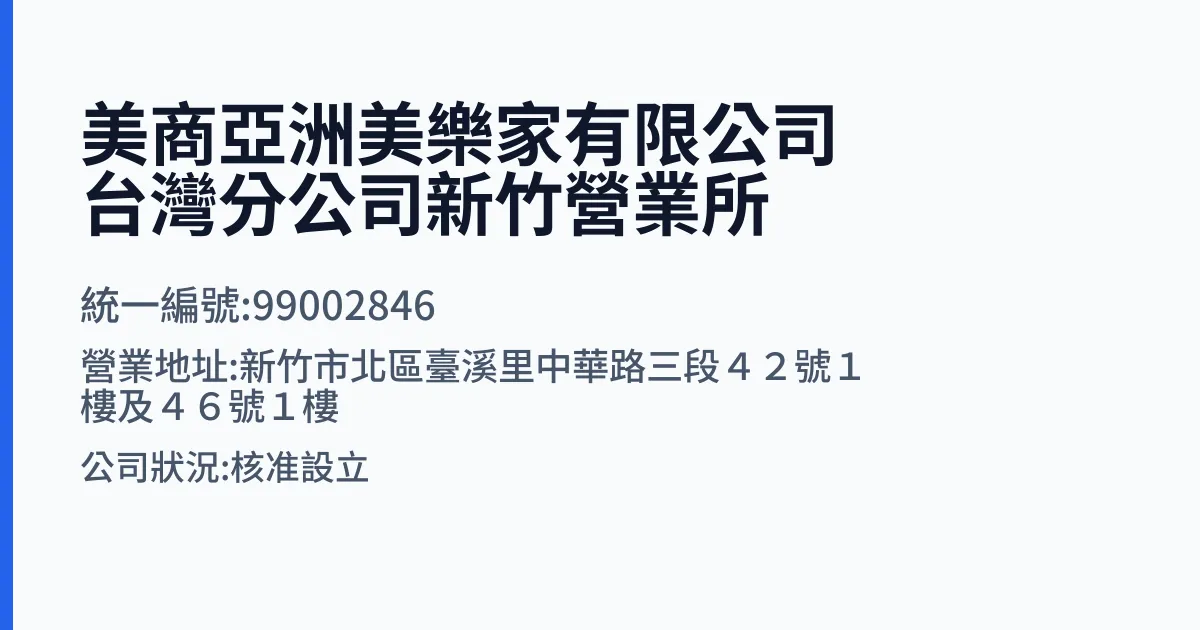 美商亞洲美樂家有限公司台灣分公司新竹營業所 - 統編 99002846(新竹市) 公司登記資料與營業項目詳細圖表