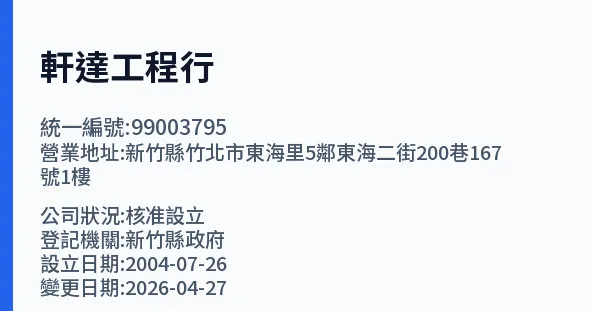 軒達工程行的照片-統編 99003795(新竹縣) 公司登記資料與營業項目詳細圖表