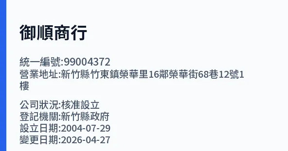 御順商行的照片-統編 99004372(新竹縣) 公司登記資料與營業項目詳細圖表