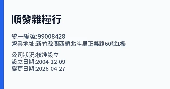 順發雜糧行的照片-統編 99008428(新竹縣) 公司登記資料與營業項目詳細圖表