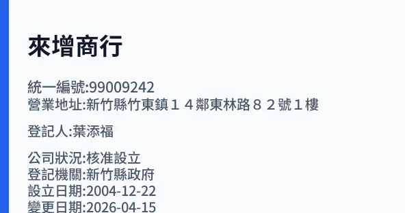來增商行的照片-統編 99009242(新竹縣) 公司登記資料與營業項目詳細圖表