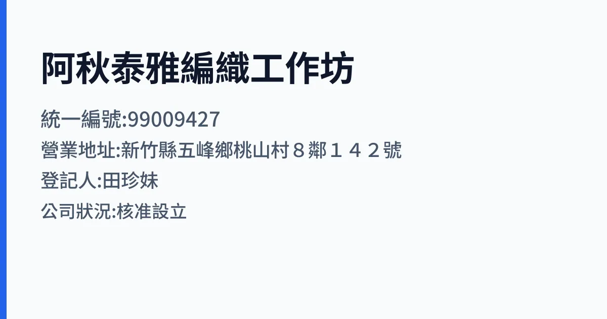 阿秋泰雅編織工作坊 - 統編 99009427(新竹縣) 公司登記資料與營業項目詳細圖表
