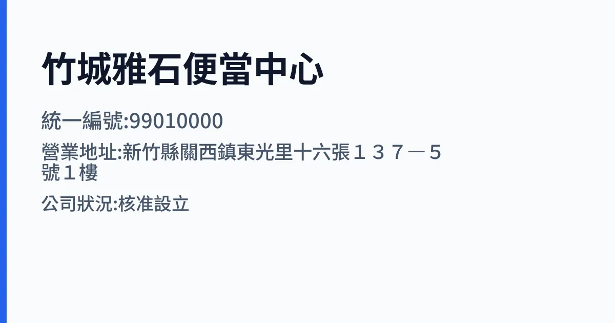 竹城雅石便當中心 - 統編 99010000(新竹縣) 公司登記資料與營業項目詳細圖表