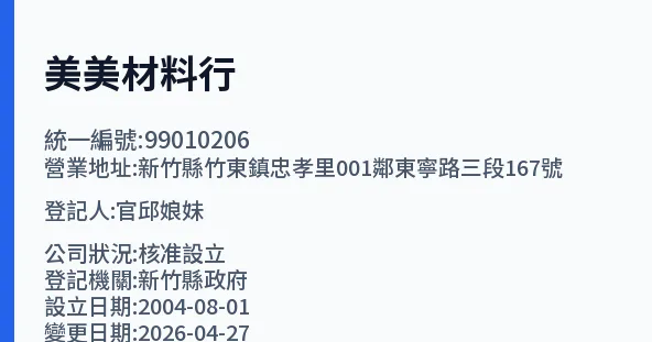 美美材料行的照片-統編 99010206(新竹縣) 公司登記資料與營業項目詳細圖表