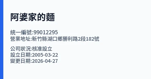 阿婆家的麵的照片-統編 99012295(新竹縣) 公司登記資料與營業項目詳細圖表