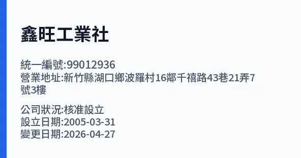 鑫旺工業社的照片-統編 99012936(新竹縣) 公司登記資料與營業項目詳細圖表