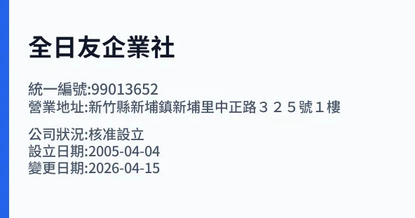全日友企業社的照片-統編 99013652(新竹縣) 公司登記資料與營業項目詳細圖表