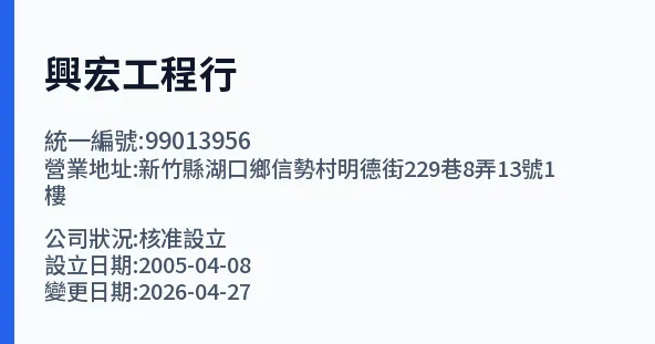 興宏工程行的照片-統編 99013956(新竹縣) 公司登記資料與營業項目詳細圖表