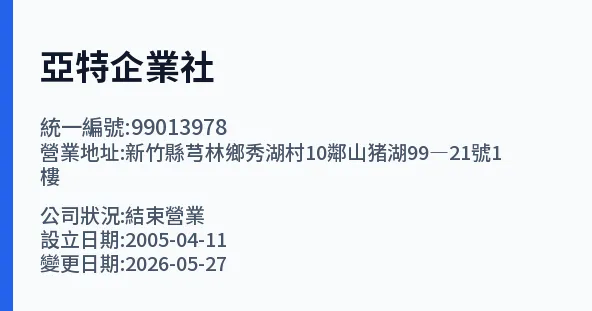 亞特企業社的照片-統編 99013978(新竹縣) 公司登記資料與營業項目詳細圖表
