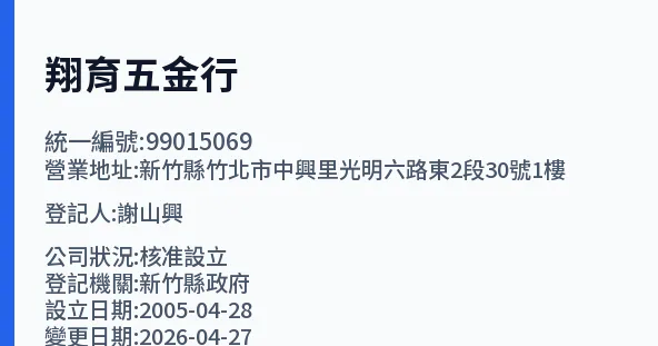 翔育五金行的照片-統編 99015069(新竹縣) 公司登記資料與營業項目詳細圖表