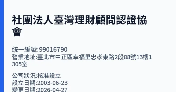 社團法人臺灣理財顧問認證協會的照片-統編 99016790(臺北市) 公司登記資料與營業項目詳細圖表