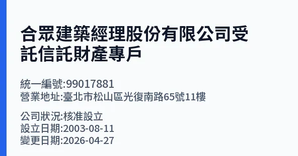 合眾建築經理股份有限公司受託信託財產專戶的照片-統編 99017881(臺北市) 公司登記資料與營業項目詳細圖表