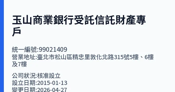 玉山商業銀行受託信託財產專戶的照片-統編 99021409(臺北市) 公司登記資料與營業項目詳細圖表