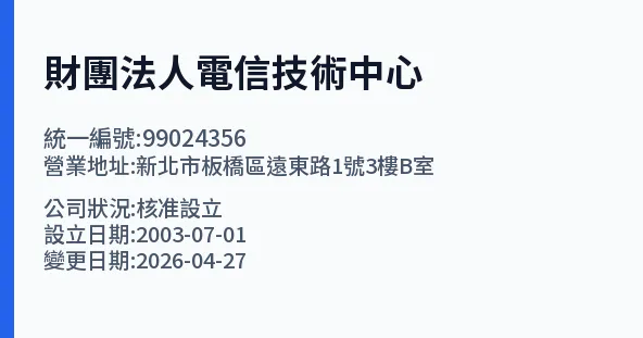 財團法人電信技術中心的照片-統編 99024356(新北市) 公司登記資料與營業項目詳細圖表