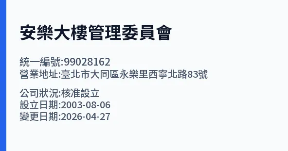 安樂大樓管理委員會的照片-統編 99028162(臺北市) 公司登記資料與營業項目詳細圖表