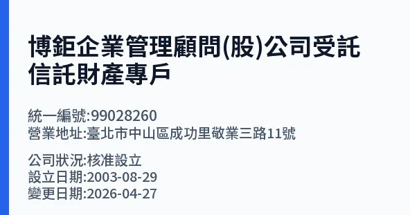博鉅企業管理顧問(股)公司受託信託財產專戶的照片-統編 99028260(臺北市) 公司登記資料與營業項目詳細圖表