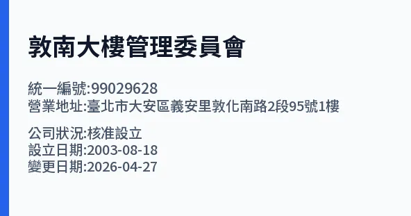 敦南大樓管理委員會的照片-統編 99029628(臺北市) 公司登記資料與營業項目詳細圖表