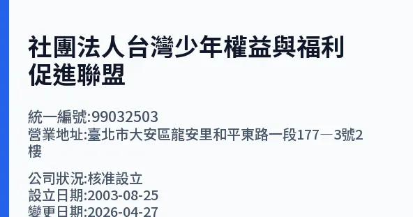 社團法人台灣少年權益與福利促進聯盟的照片-統編 99032503(臺北市) 公司登記資料與營業項目詳細圖表