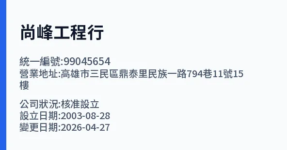 尚峰工程行的照片-統編 99045654(高雄市) 公司登記資料與營業項目詳細圖表