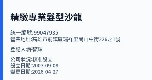 精緻專業髮型沙龍的照片-統編 99047935(高雄市) 公司登記資料與營業項目詳細圖表