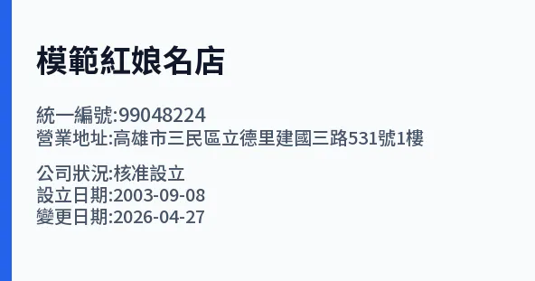 模範紅娘名店的照片-統編 99048224(高雄市) 公司登記資料與營業項目詳細圖表