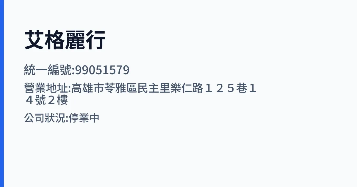 艾格麗行 - 統編 99051579(高雄市) 公司登記資料與營業項目詳細圖表