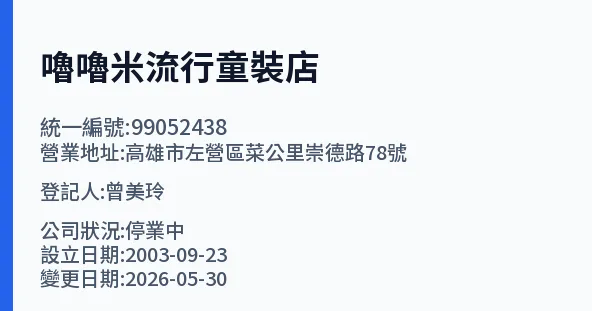 嚕嚕米流行童裝店的照片-統編 99052438(高雄市) 公司登記資料與營業項目詳細圖表