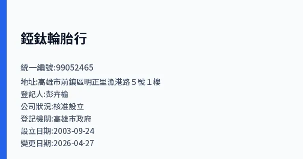 錏鈦輪胎行的照片-統編 99052465(高雄市) 公司登記資料與營業項目詳細圖表