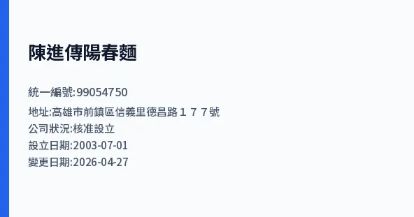 陳進傳陽春麵的照片-統編 99054750(高雄市) 公司登記資料與營業項目詳細圖表