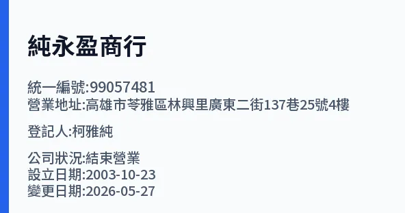 純永盈商行的照片-統編 99057481(高雄市) 公司登記資料與營業項目詳細圖表