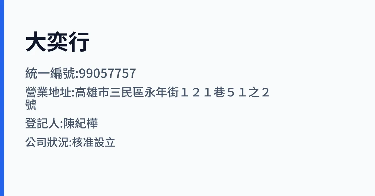 大奕行 - 統編 99057757(高雄市) 公司登記資料與營業項目詳細圖表