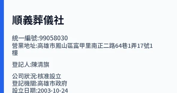 順義葬儀社的照片-統編 99058030(高雄市) 公司登記資料與營業項目詳細圖表