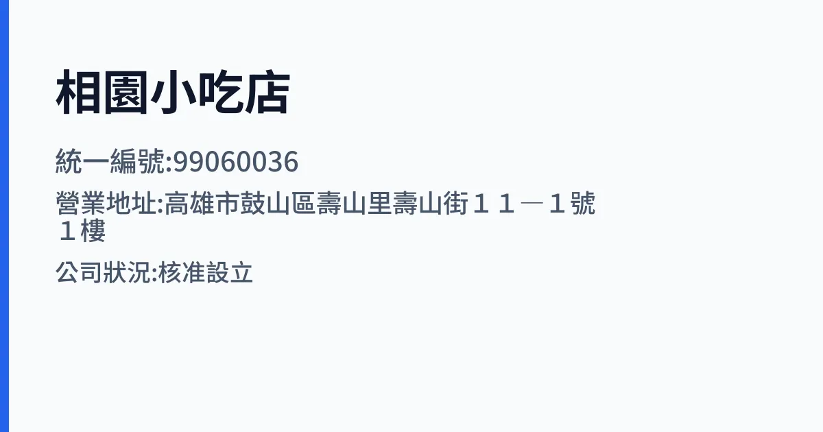 相園小吃店 - 統編 99060036(高雄市) 公司登記資料與營業項目詳細圖表