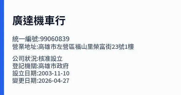 廣達機車行的照片-統編 99060839(高雄市) 公司登記資料與營業項目詳細圖表