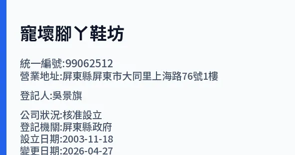 寵壞腳ㄚ鞋坊的照片-統編 99062512(屏東縣) 公司登記資料與營業項目詳細圖表